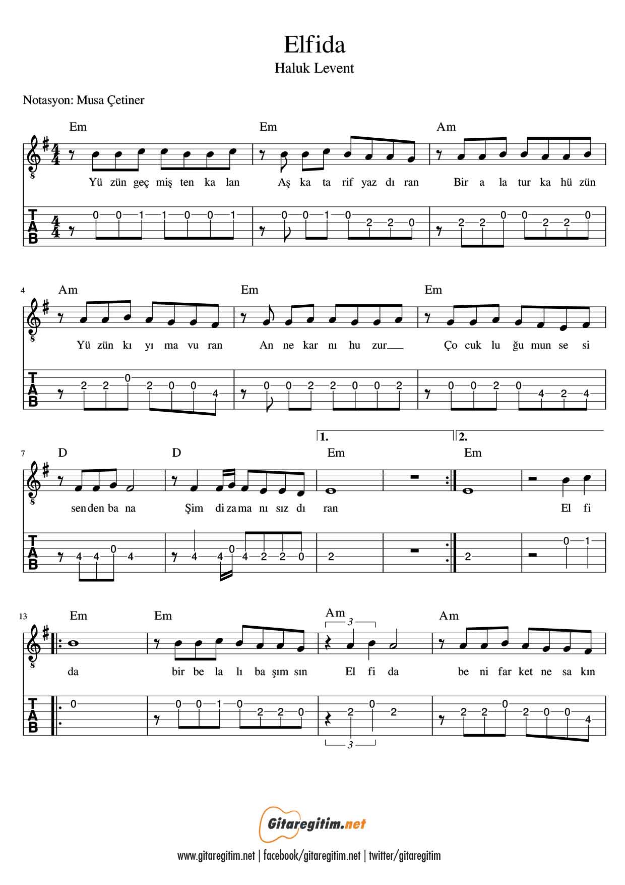 Elfida - Gitar - Nota - Tab » Gitareğitim.net