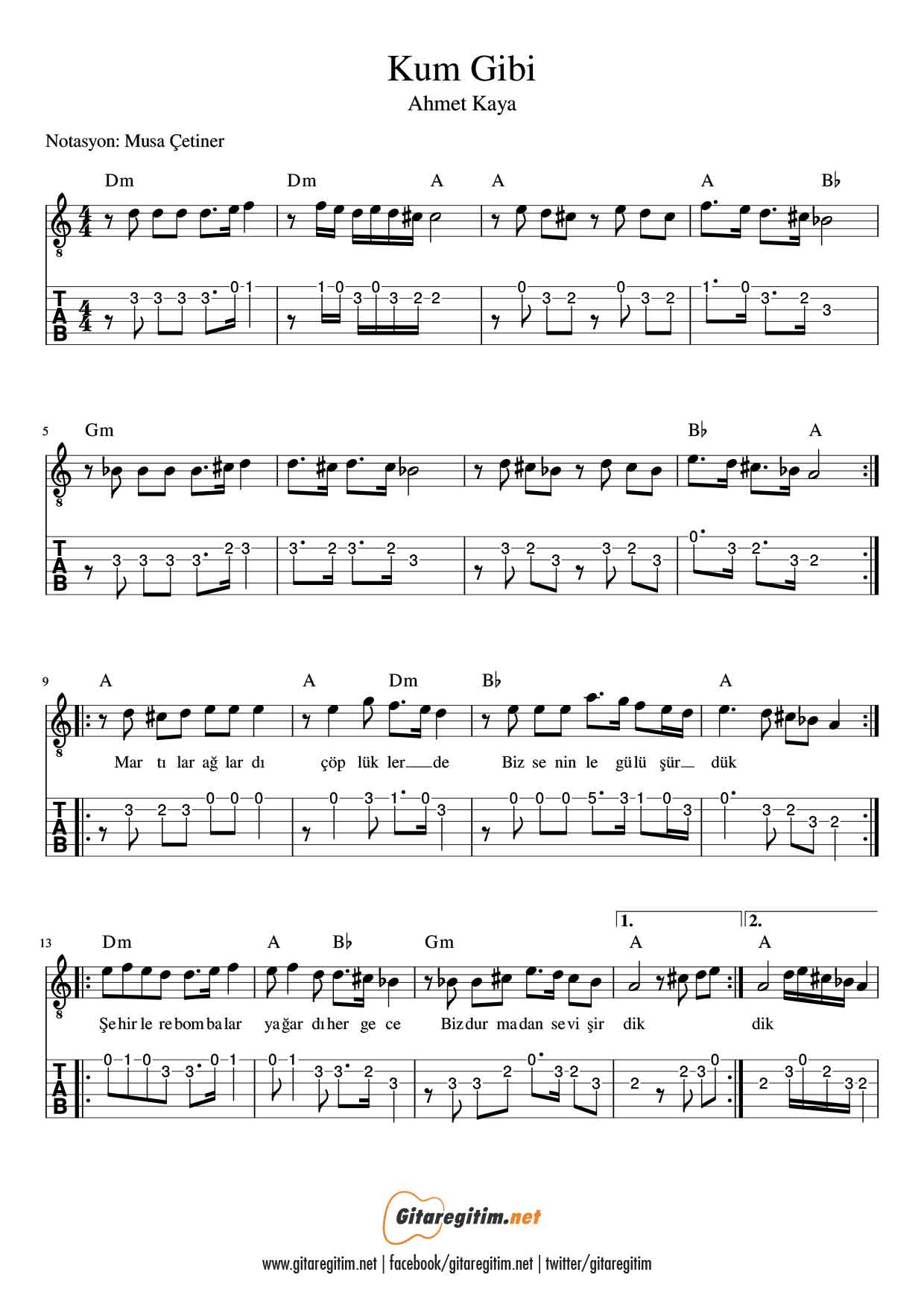 Ahmet Kaya - Kum Gibi - Nota - Tab » GitareÄŸitim.net
