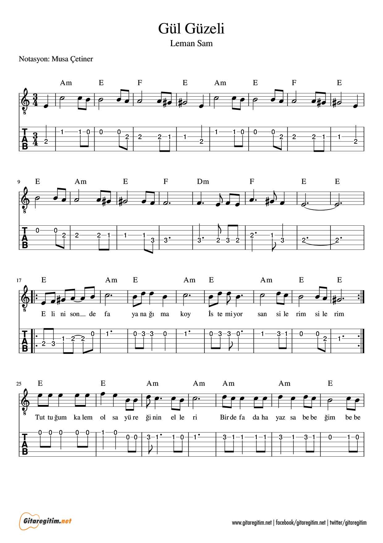 Gül Güzeli - Gitar - Nota - Tab » Gitareğitim.net