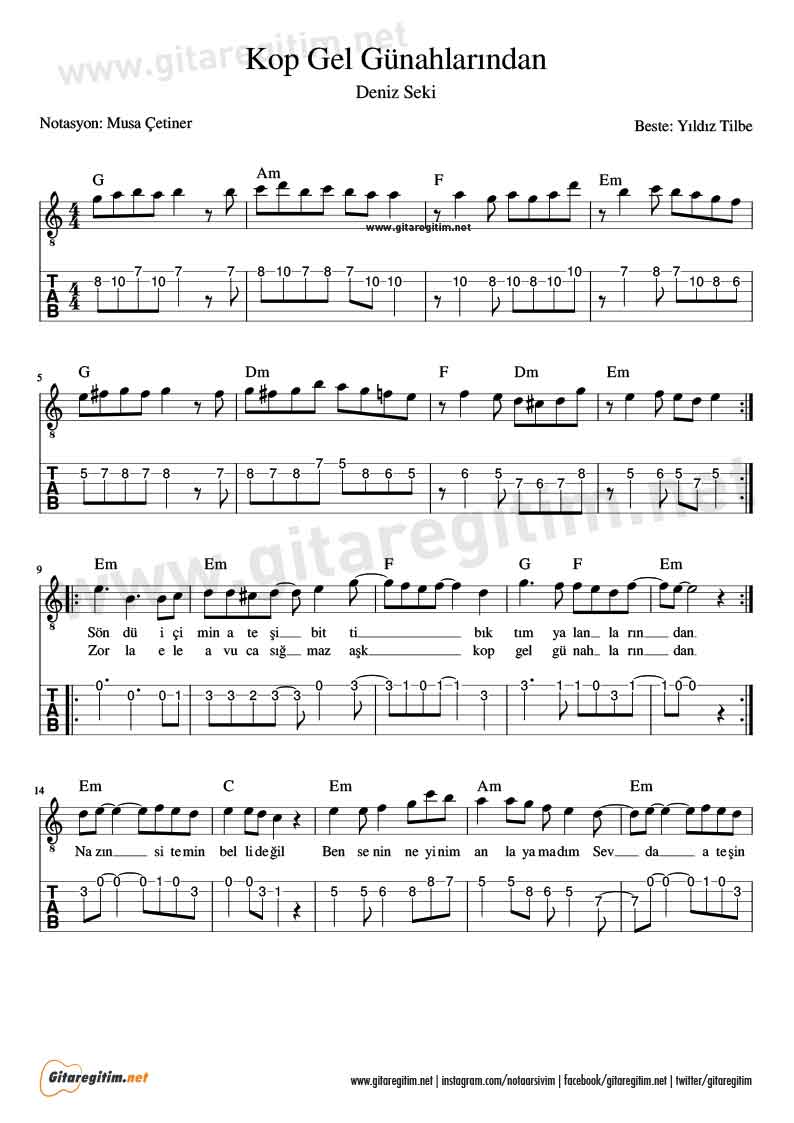 Kop Gel Günahlarından Gitar Nota Tab » Gitareğitim.net