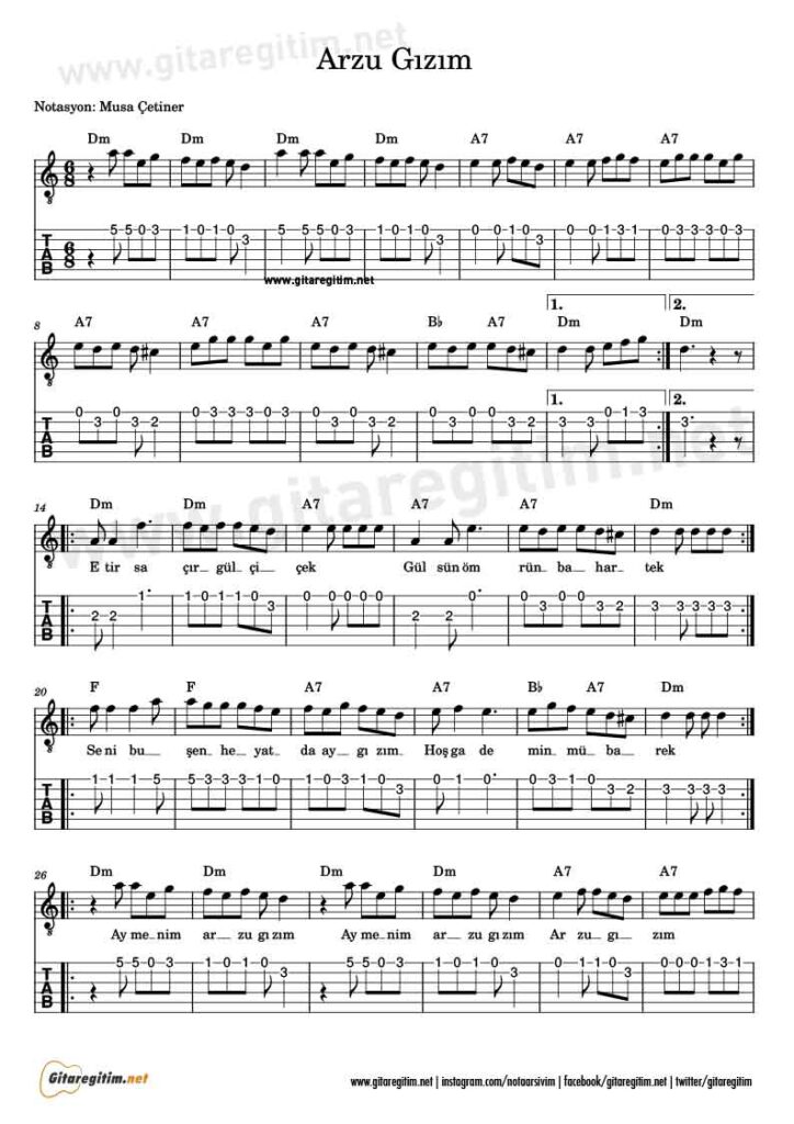 Arzu Gızım Gitar Nota Tab » Gitareğitim.net