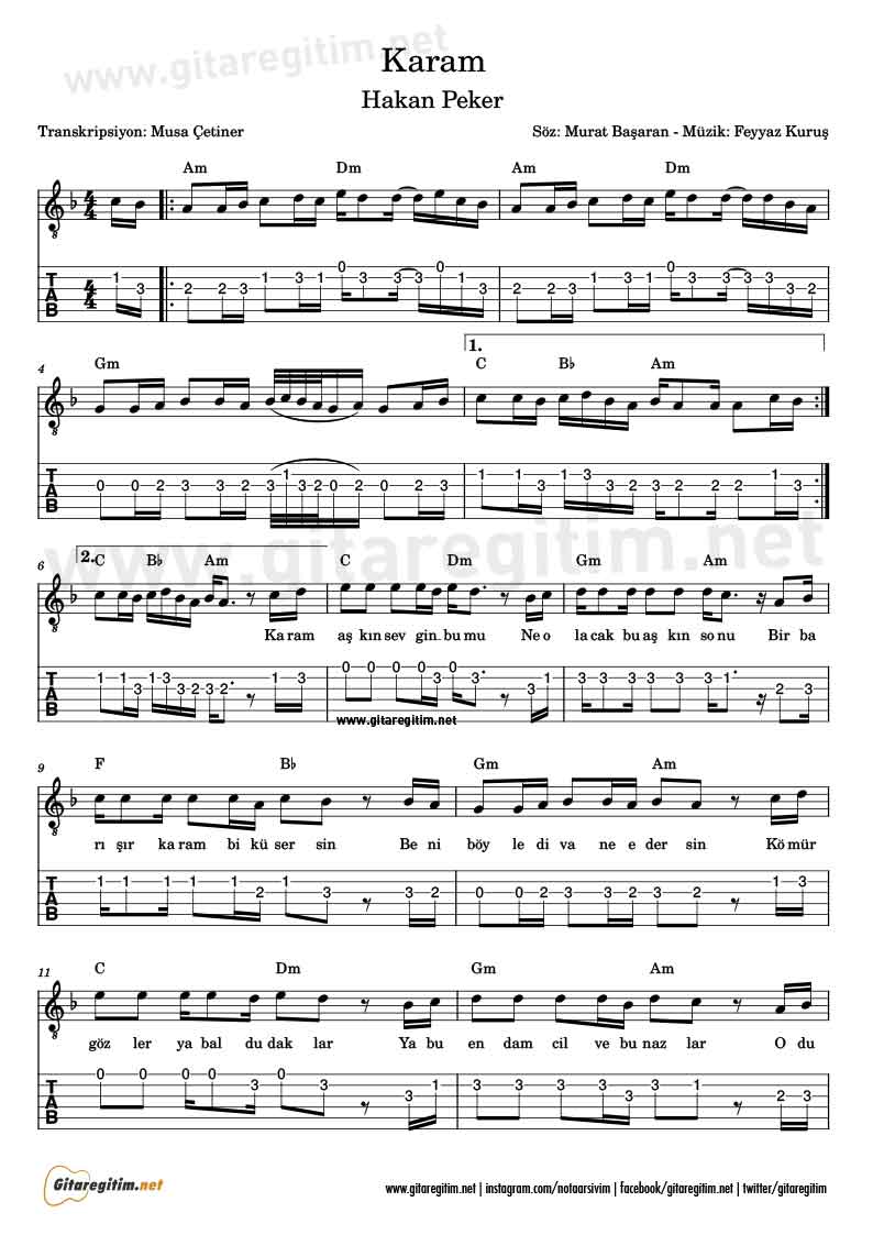 Hakan Peker – Karam – Gitar Nota Tab » Gitareğitim.net