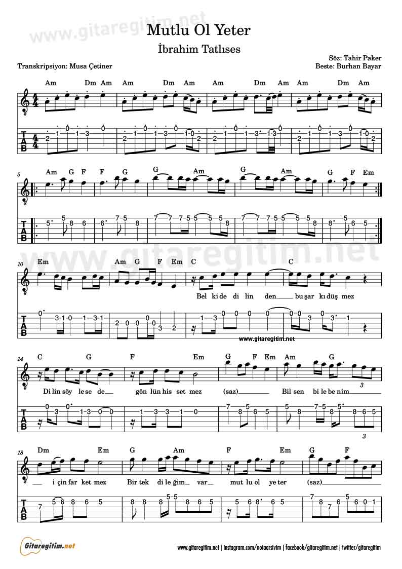 Mutlu Ol Yeter – Gitar Nota ve Tab » Gitareğitim.net